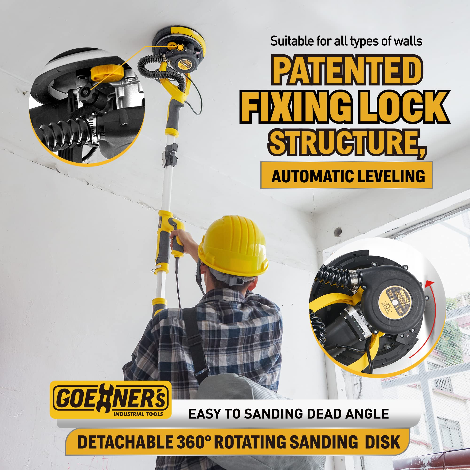 Drywall Sander, Electric Drywall Sander with Vacuum, Automatic Dust Removal, 7 Variable Speed, 900-1800RPM, 26’ Power Cord, Labor-Saving Handle and Patented Fixture for Ceiling Sanding, LED Light