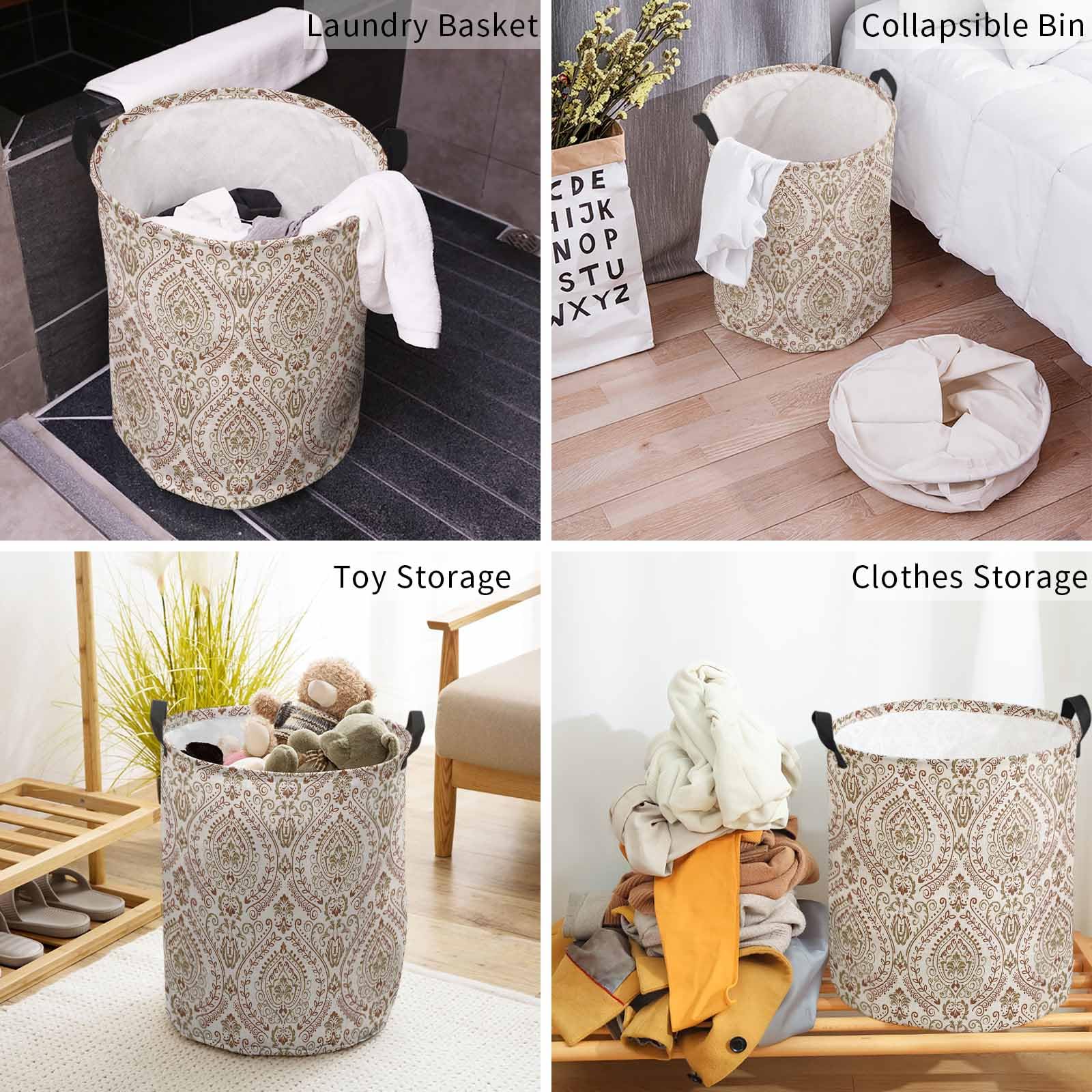 European Floral Laundry Basket Collapsible Bag with Easy Carry Handles, Large Waterproof Foldable Freestanding Hamper, Folding Washing Bin Clothes Storage Round Vintage Style Antique Bohemia Beige