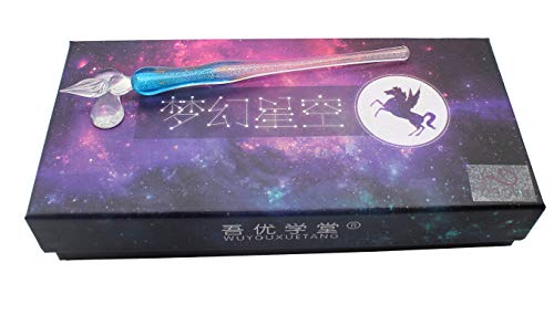 XIAOYU 7 Pieces Glass Dip Pen Set Handmade Starry Sky Calligraphy Pen and 4 Bottle Inks - Lake Blue