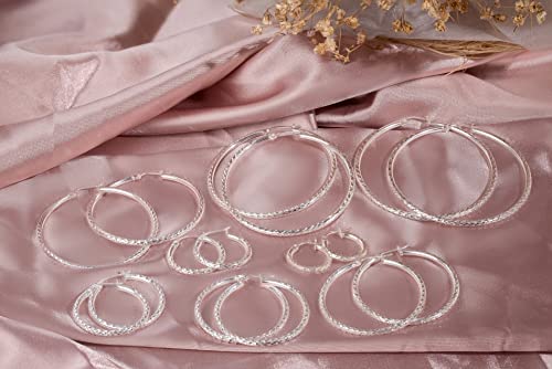 Sterling Silver Hoop Earrings for Women Girls 1 Inch, Diamond-cut Textured Design 2mm wide by 25mm Diameter