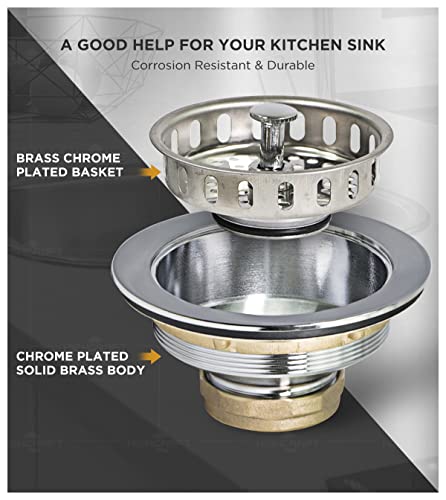 Highcraft 9734 Heavy Duty Kitchen Sink (3-1/2 Inch) Stainless Steel Drain Assembly with Strainer Basket Kohler Style Stopper, Stainless-Steel
