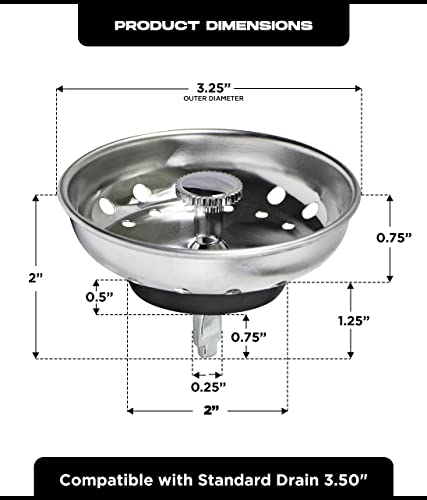 Highcraft FAUC97333-2 Kitchen Sink Basket Strainer Replacement for Standard Drains (3-1/2 Inch) Chrome Plated Stainless Steel Body With Rubber Stopper, Pack Of 2