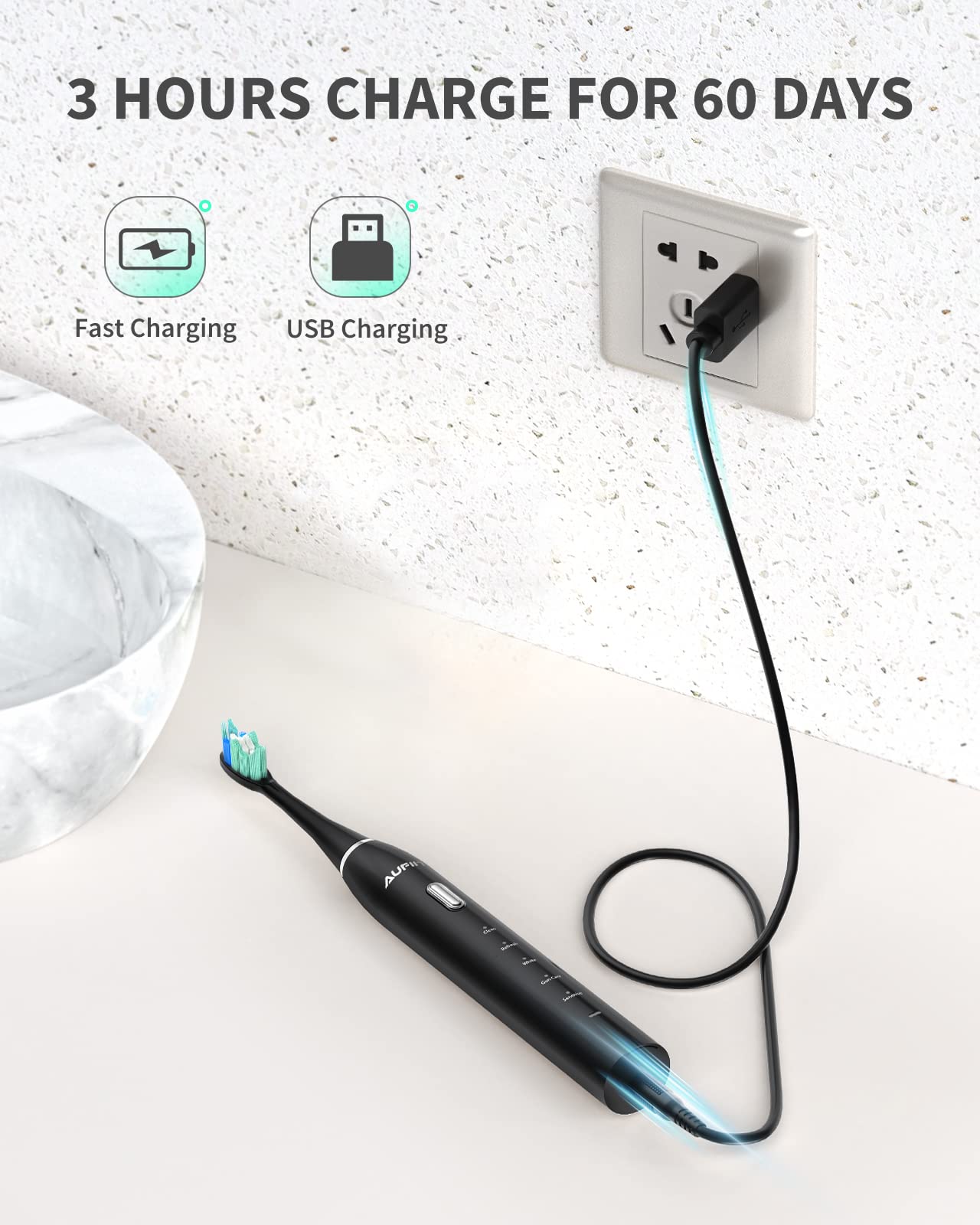 Sonic Electric Toothbrush for Adults - Power Electric Toothbrushes with 8 Premium Brush Heads, Rechargeable Power Electric Toothbrush with 5 Modes & Smart Timer,3 Hours Fast Charge for 60 Days Use