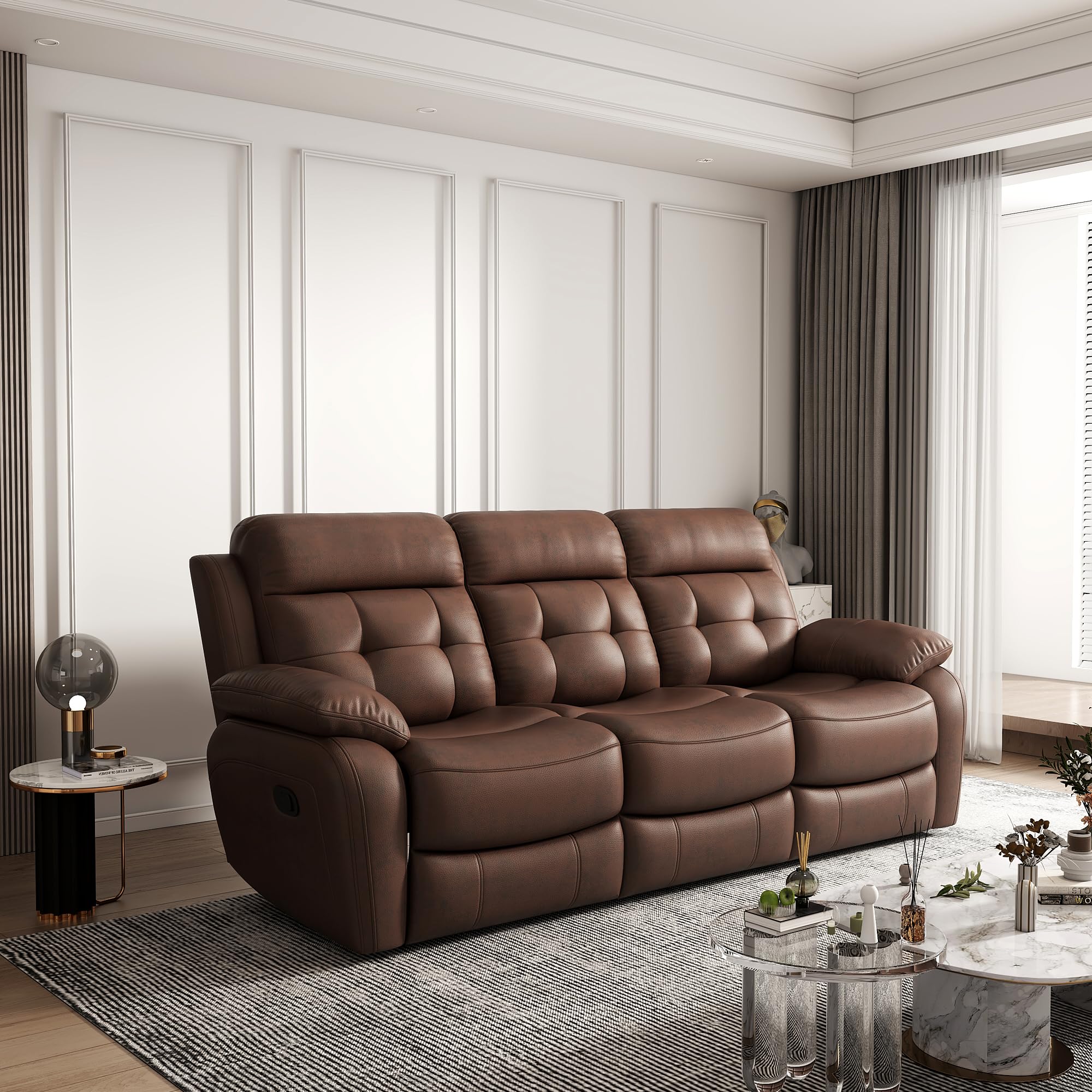 Elountik Luxury 3-Seat Genuine Leather Manual Reclining Sofa, Leather Recliner Couch with Drop Down Table and Stainless Steel Cupholders (Blue)
