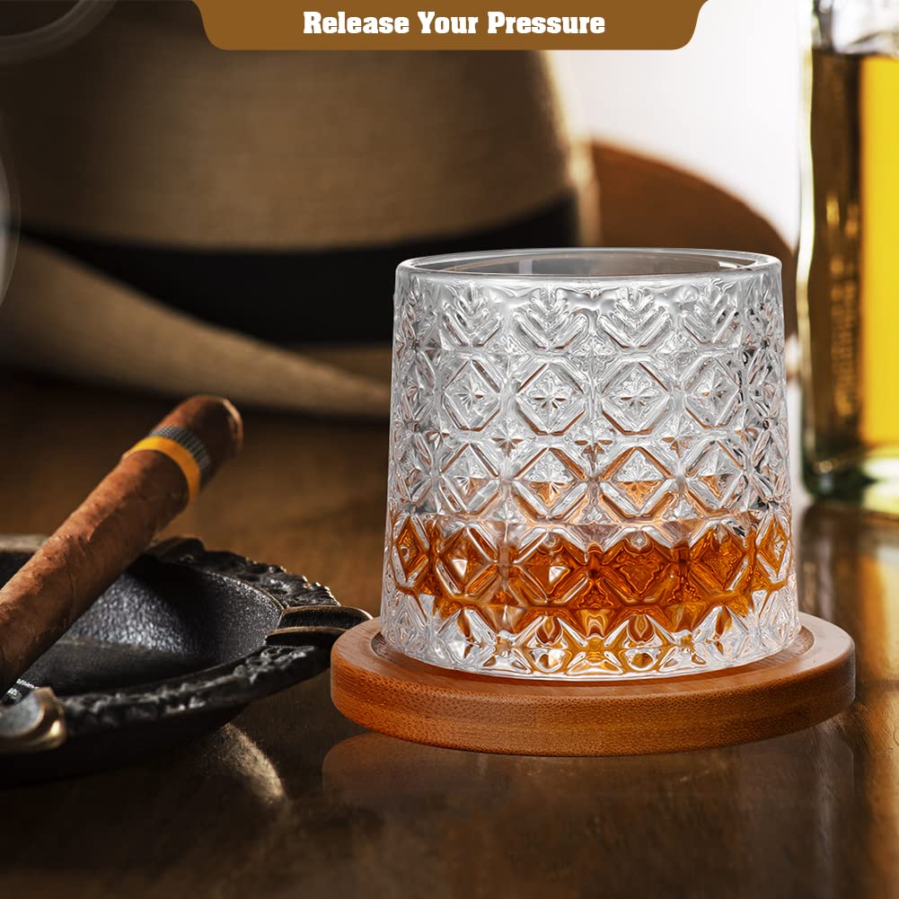 Crystal Whiskey glasses set of 2,Rotatable -10 Oz old fashioned whiskey glasses,bar whiskey glasses,style glassware for bourbon,perfect Idea for scotch lovers,glasses for scotch, rum,Ice flower