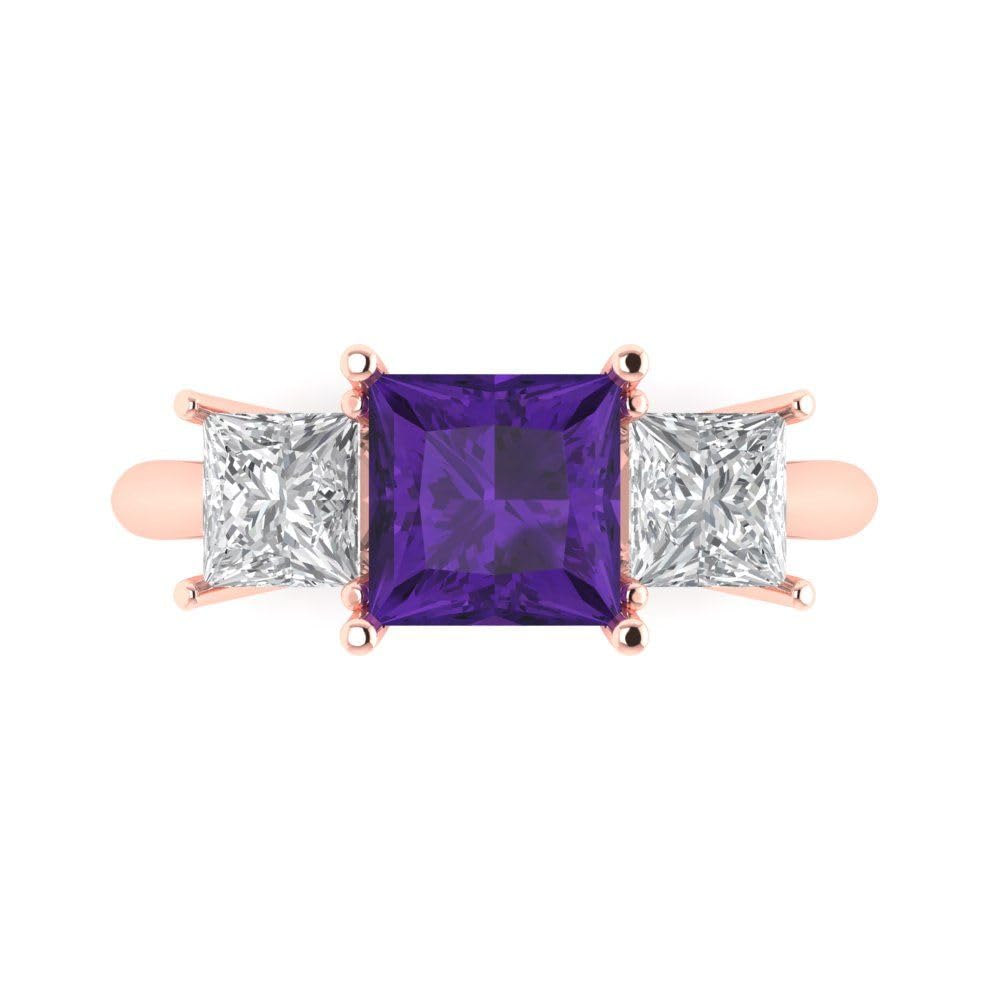 Clara Pucci 3.0 ct Princess Cut 3 Stone Solitaire Natural Amethyst gemstone Designer Anniversary Bridal Engagement Ring 14k Rose Gold