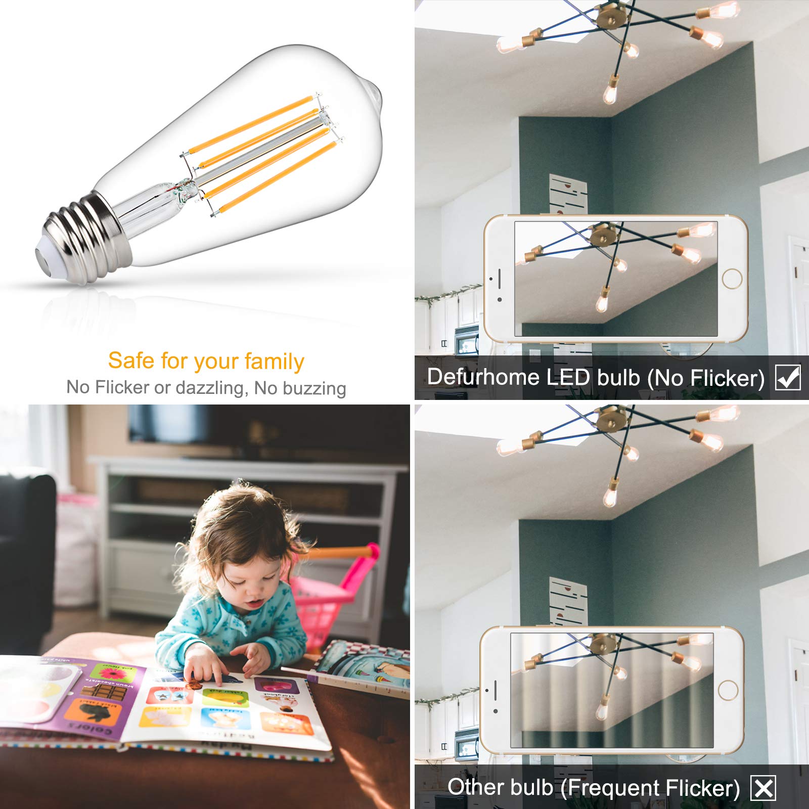 Defurhome Dimmable LED Edison Bulbs, 60W Equivalent, 700Lumens, Warm White 2700K, 6W ST58 LED Filament Light Bulbs with 80+CRI, Antique Style Lighting, E26 Medium Base, Clear Glass - Pack of 5