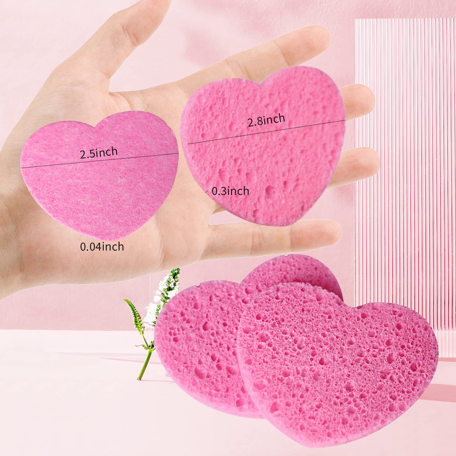 Facial Sponges Compressed Natural Cellulose Sponge Spunspon Round/Heart Shape Face Sponge for Face Cleansing Exfoliating and Makeup Removal 100 Count / 2 - Pack, Pink