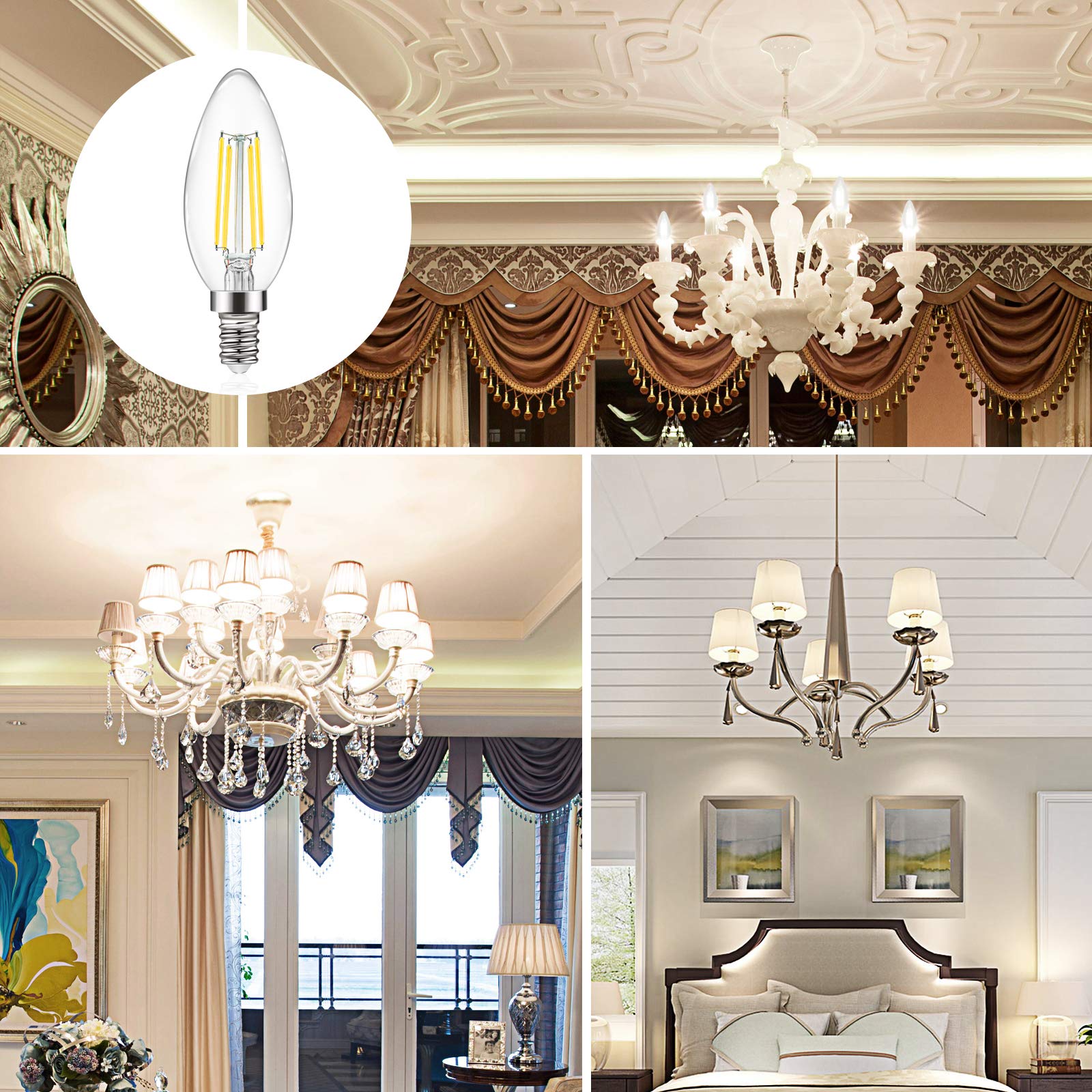 Defurhome E12 Candelabra LED Bulbs, 550LM, 60W Incandescent Equivalent, Daylight White 5000K, Non-Dimmable, C35 Filament Glass Bulb, Decorative Candle Light Bulbs - Pack of 10