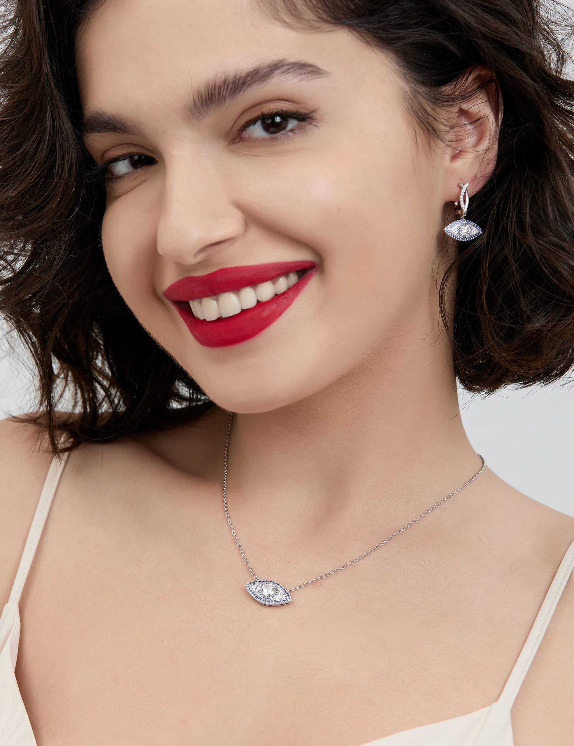 CannyCat Moissanite Evil Eye Pendant Necklace 1.2 CTTW D color VVS Moissanite and Sapphire Necklaces Lab Created Diamond Platinum Plated Sterling Silver Chain 16β+2β Lucky Gift for Women