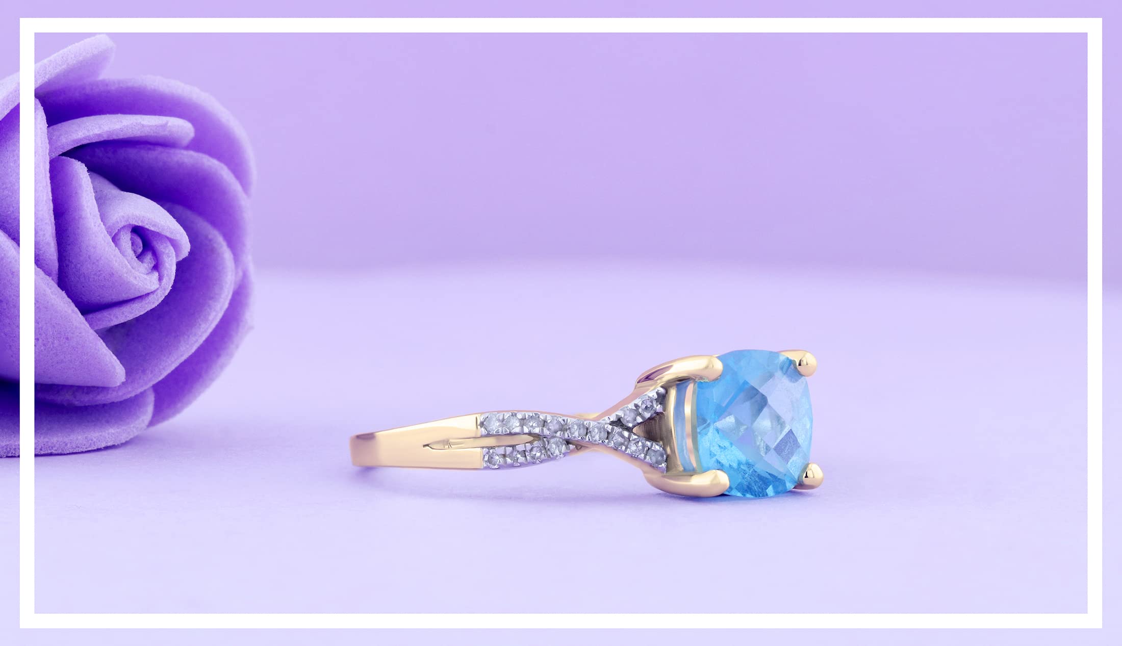Dazzlingrock Collection 7MM Cushion Blue Topaz & Round White Diamond Swirl Crisscross Split Shank Engagement Ring for Women | 14K Yellow Gold, Size 7.5