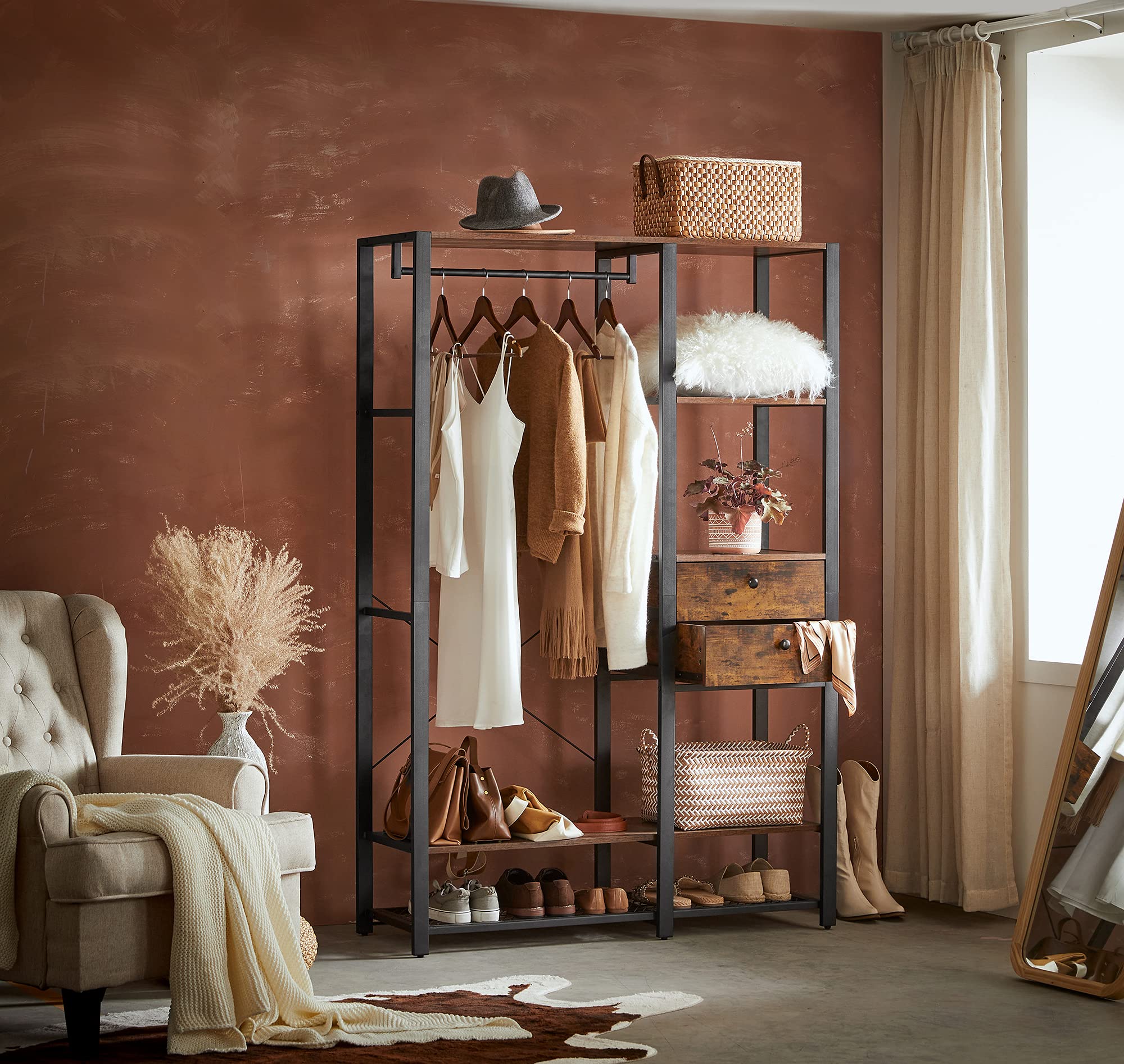 VASAGLE Free Standing Closet Organizer, Clothes Rack, Closet Organizer and Storage Shelves, Hanging Rod, 2 Drawers, Industrial Style, Rustic Brown and Black URGR001B01