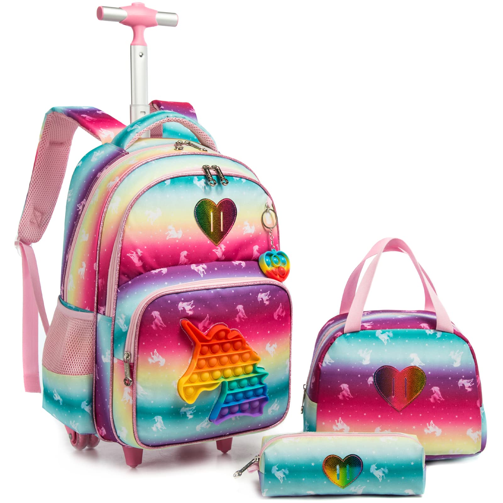 Egchescebo School Bags Kids Rolling Unicorn Backpack for Girls Luggage Suitcase With Wheels Trolley Wheeled Backpacks for Girls Travel Bags 17' 3PCS Toy With Lunch Box Pink