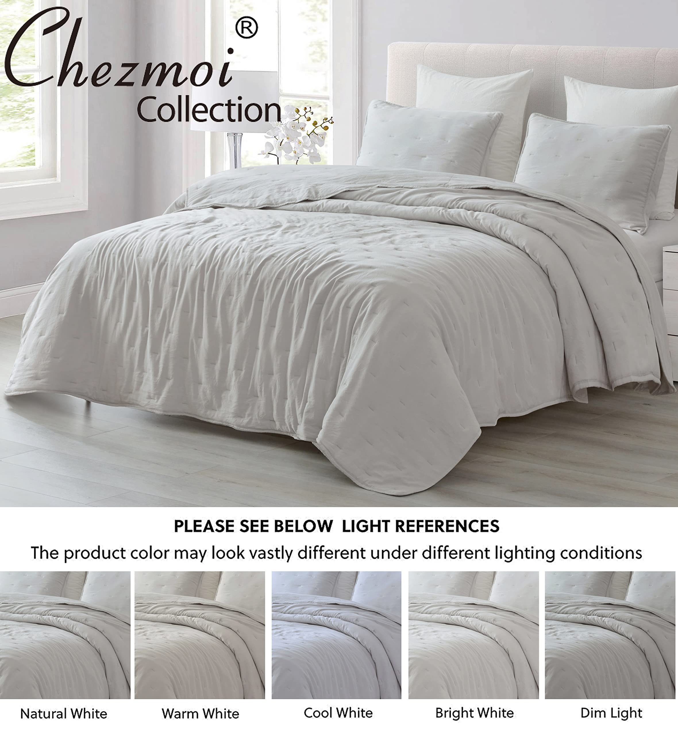 Chezmoi Collection Marie 3-Piece Line Stitch Embroidery Quilt Set - Soft Washed Microfiber Lightweight Comforter Set Quilted Bedspread Coverlet Set (Queen, White)