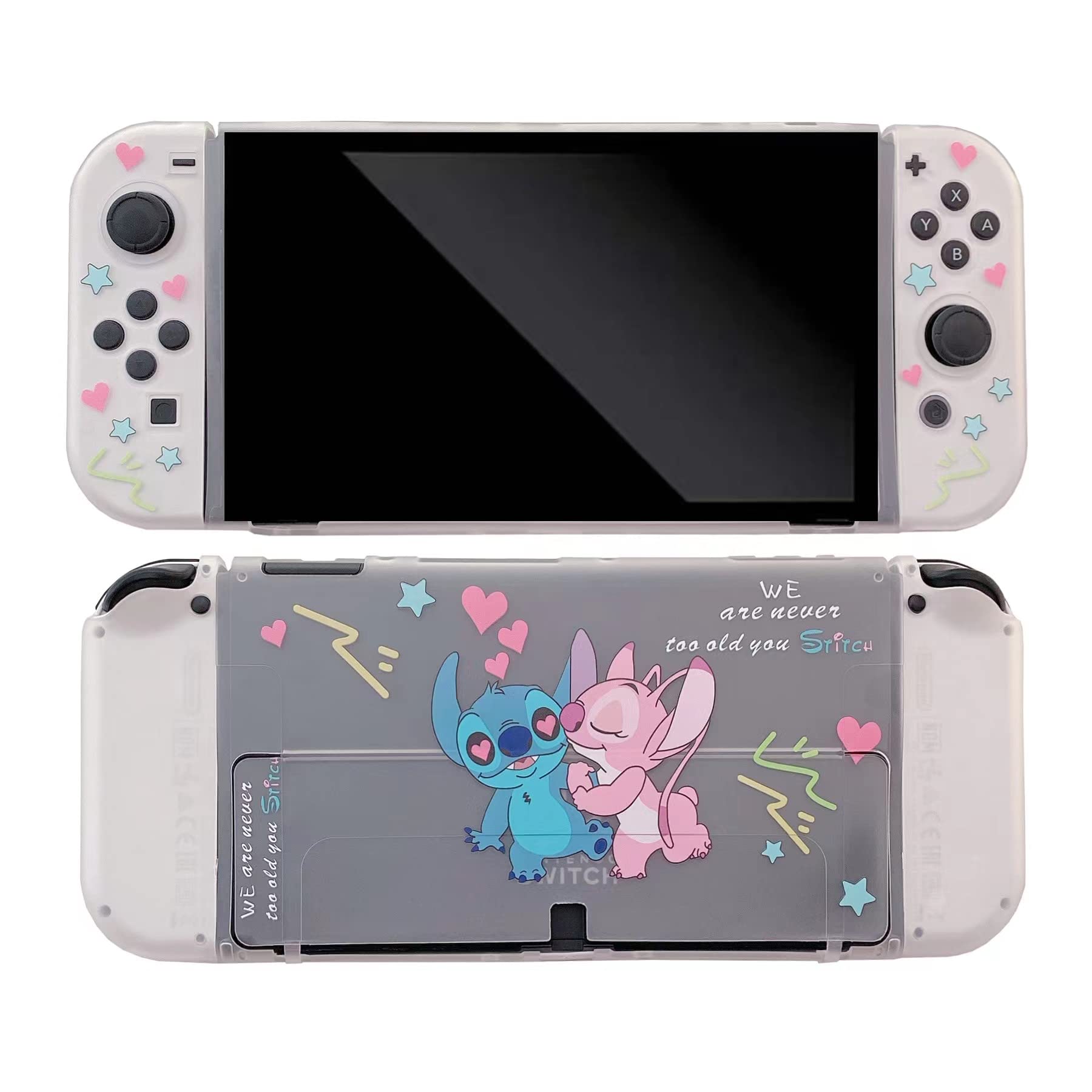ENFILY Cute Stitch Case Compatible with Nintendo Switch OLED, Dockable Case Cover, Ergonomic Soft TPU Grip Case for Joycon, Sparkle Skin Set