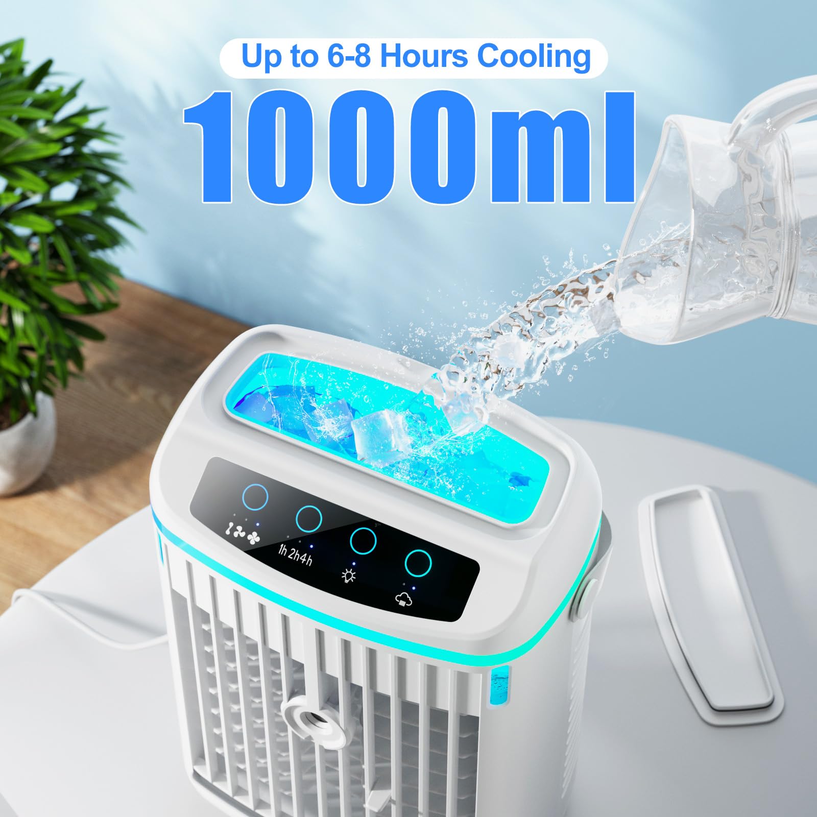 Evaporative Air Cooler, PERKDS Portable Air Conditioner with Quiet, 3 wind speeds & 2 Cool Mist with Colorful Night Light, Mini air conditioner for Bedroom Room Car Office