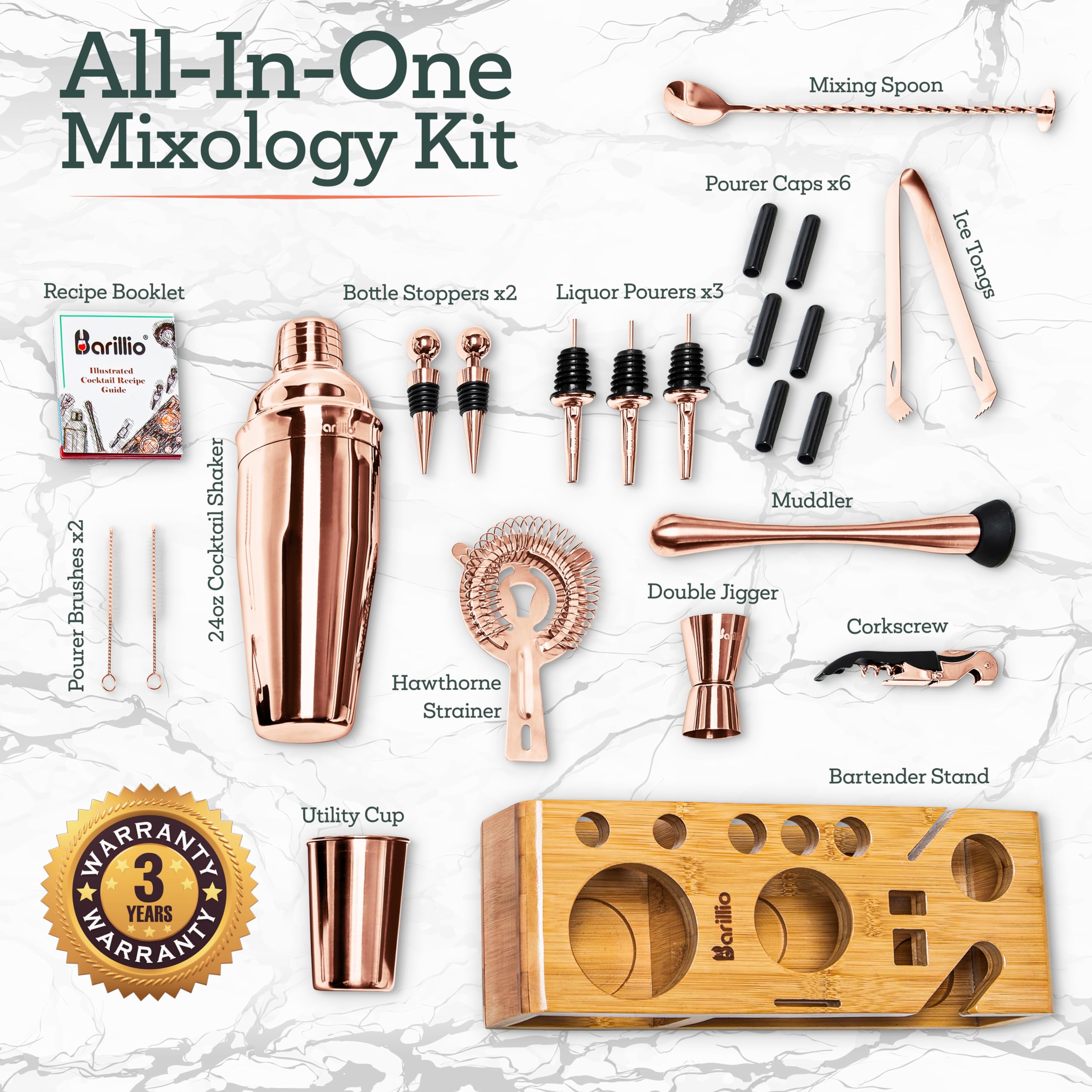 Copper Mixology Bartender Kit Cocktail Shaker Set by Barillio: Rose Gold Drink Mixer Set with Bar Tools, Muddler, Mixing Spoon, Jigger, Strainer, Sleek Bamboo Stand & Recipes Booklet