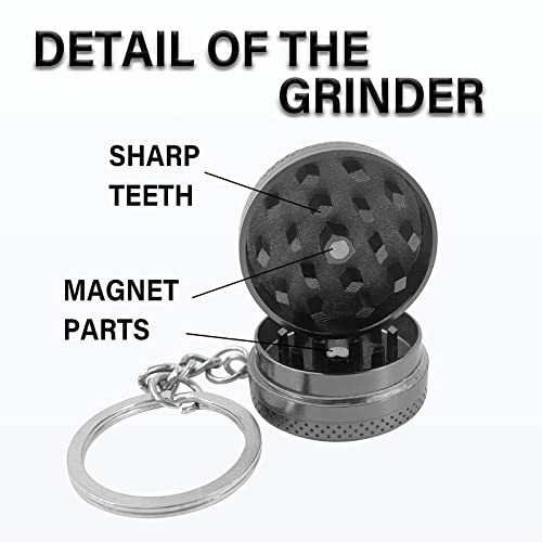 yacool Mini Metal Spice Grinder 1.18 inch silver grey, with 25mm Diameter Metal Key Chain Rings*2, Cute Key Chain for Men and Women