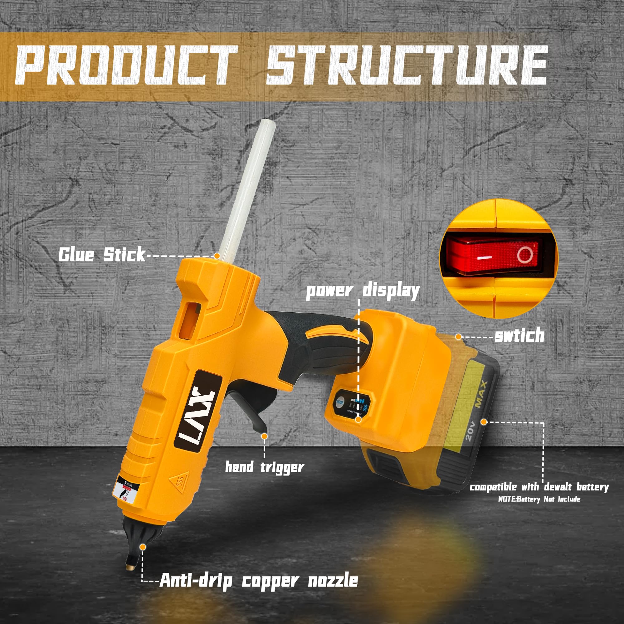 Hot Glue Gun for Dewalt 20V Battery, 100W Cordless Glue Gun Set with 20pcs Glue Sticks, Fast Heating Mini Glue Guns for Crafting DIY Craft Projects, Home Quick Repairs (Without Battery)