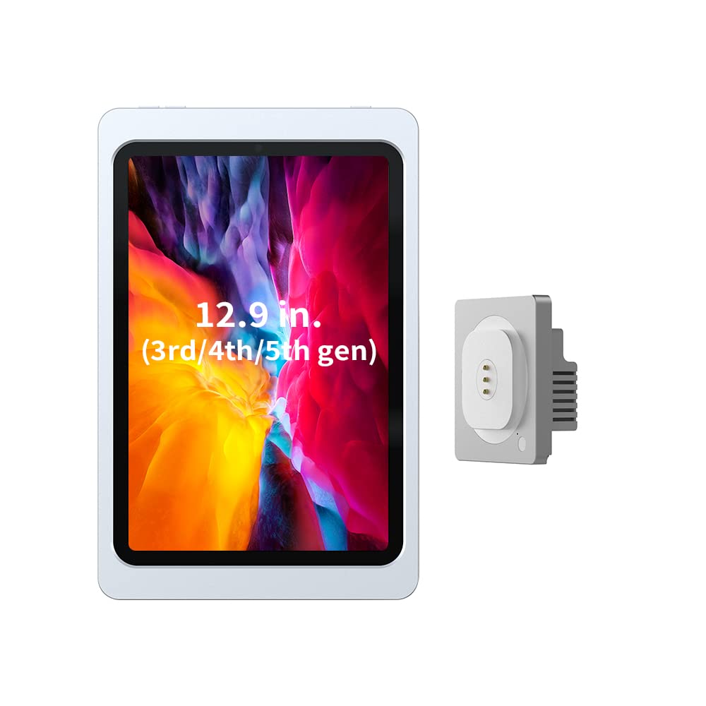 EMONITA Magnetic Wall Mount with Charging Case for iPad Pro 12.9” Silver. in-Wall Strong Magnets, 360 Rotation, No Wires Exposed