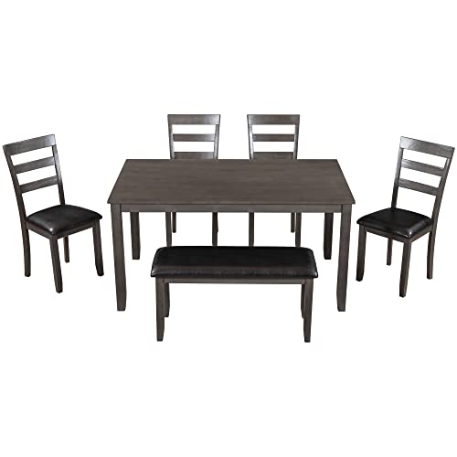 MOEO 6 Piece Kitchen Table Set, Wood Dining Faux Marble Top Diningtable with 4 PU Cushion Chairs & Bench for Breakfast Nook, Bar, Living Room, Gray, Brown