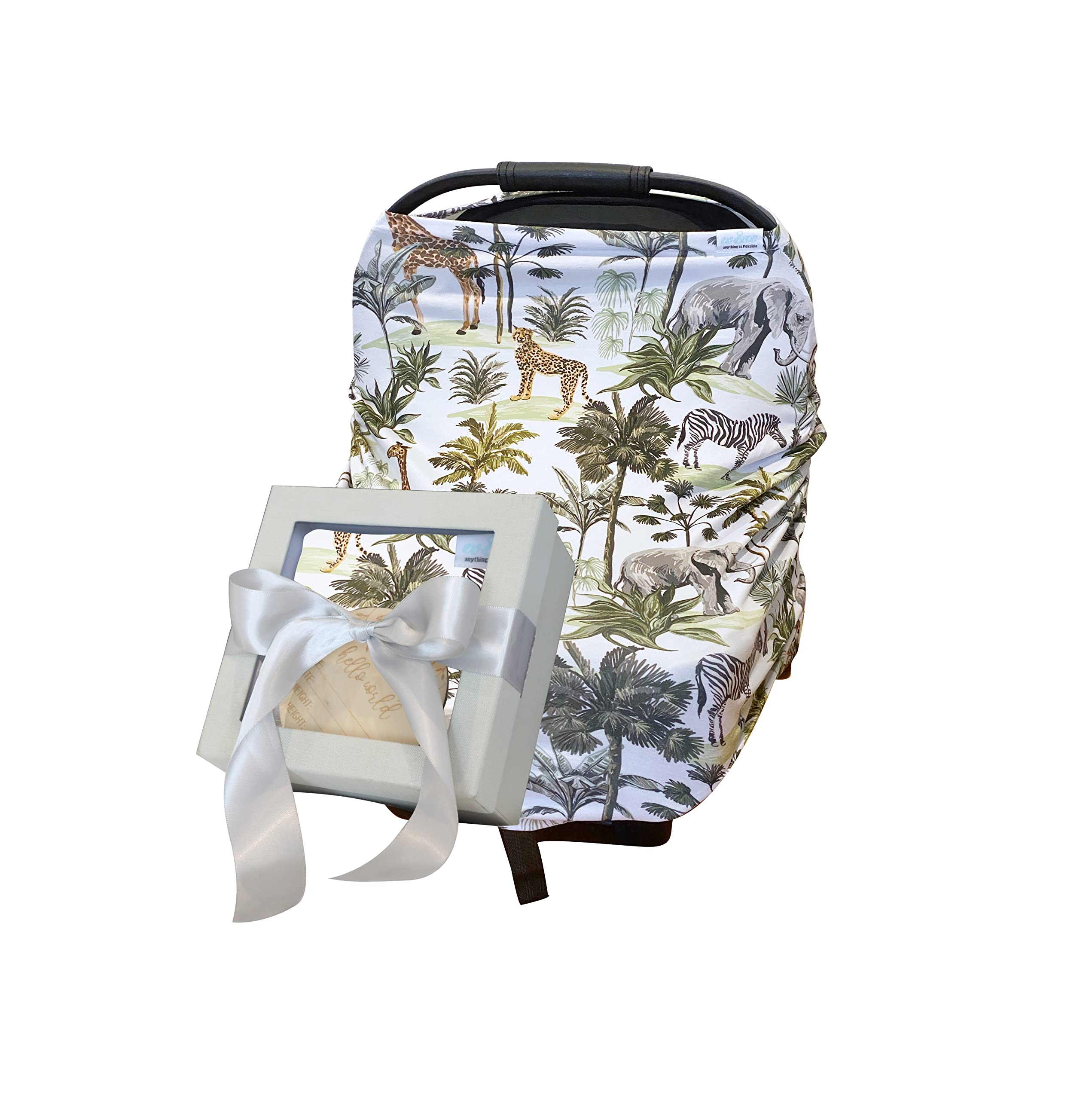 Multi-Use Baby Canopy Cover, Nursing Blanket for Breastfeeding, Shopping Cart Cover, Highchair Cover, and Baby Announcement Kit. Packaged in Luxury Box with Ribbon.
