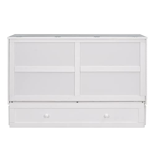 MOEO Queen Size Mobile Murphy Bed with Storage Drawer, Wood Bedframe w/Little Shelves on Each Side, Can Convert to Cabinet for Guest Room Home Office, White