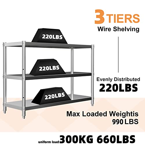 storage rack, 3Tier Shelf Adjustable Stainless Steel Shelves, Sturdy Metal Shelves Heavy Duty Shelving Units and Storage for Kitchen Commercial Office Garage Storage, 47L X 16W X 31.5H 660Lbs Total