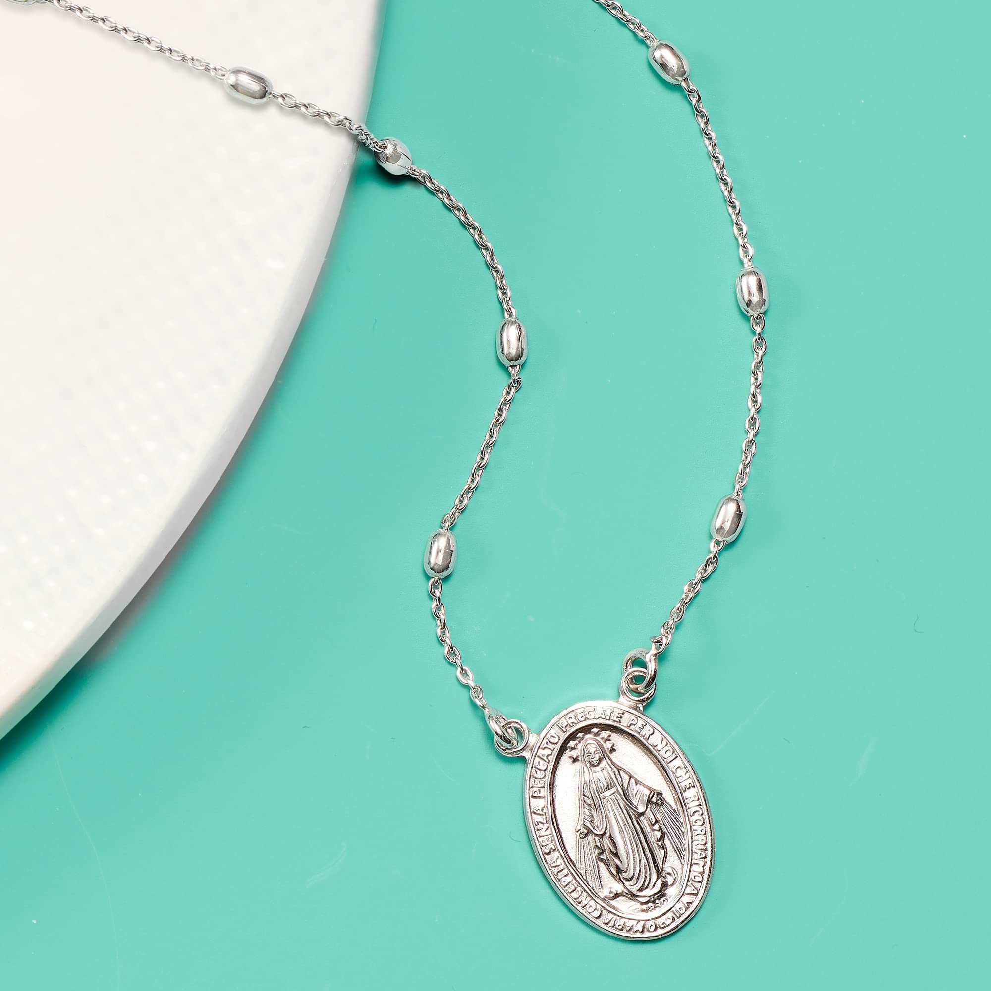 Ross-Simons Italian Sterling Silver Miraculous Medal Bead Station Necklace. 16 inches