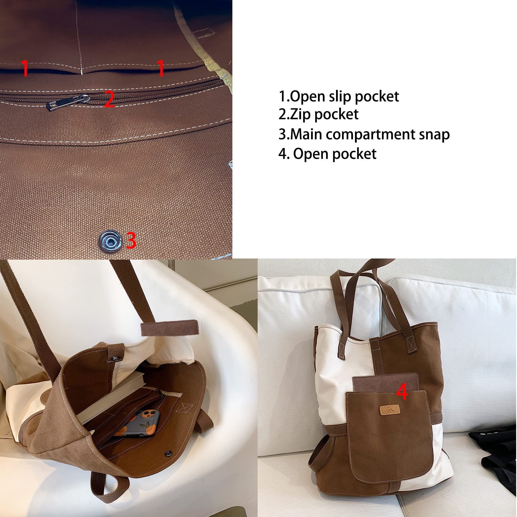 Canvas Tote Bag for Women Large Size Shoulder Handbags with Inner zipper Pockets Multicolor Casual(Brown)