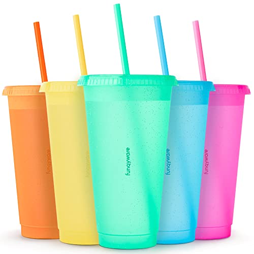 Cups with Lids and Straws for Adults - 5 Glitter Reusable Cups with Lids and Straws in Rainbow Colors, 24 oz Iced Coffee & Bulk Party Tumblers, Plastic Tumbler with Lid and Straw for Water & Smoothie