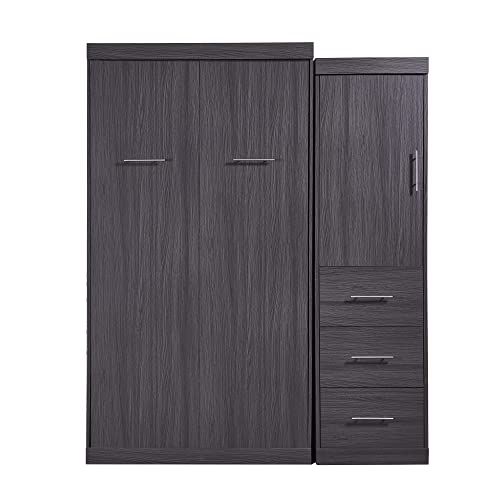 MOEO Twin Size Murphy Bed with Wardrobe and Drawers, Storage Bed, Can be Folded into a Cabinet, Wood Bedframe for Kids and Adults, Bedroom, Dorm, No Box Spring Required, Easy Assembly, Gray