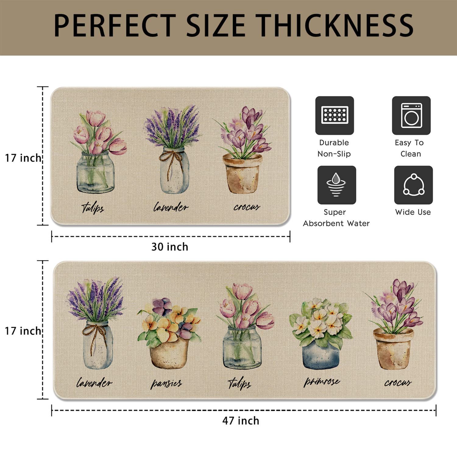 Eikunn Floral Kitchen Rugs and Mats Set of 2, Lavender Tulip Flower Kitchen Rug for Floor, Non-Slip Washable Comfort Standing Kitchen Sink Runner Rug Holiday Kitchen Accessories