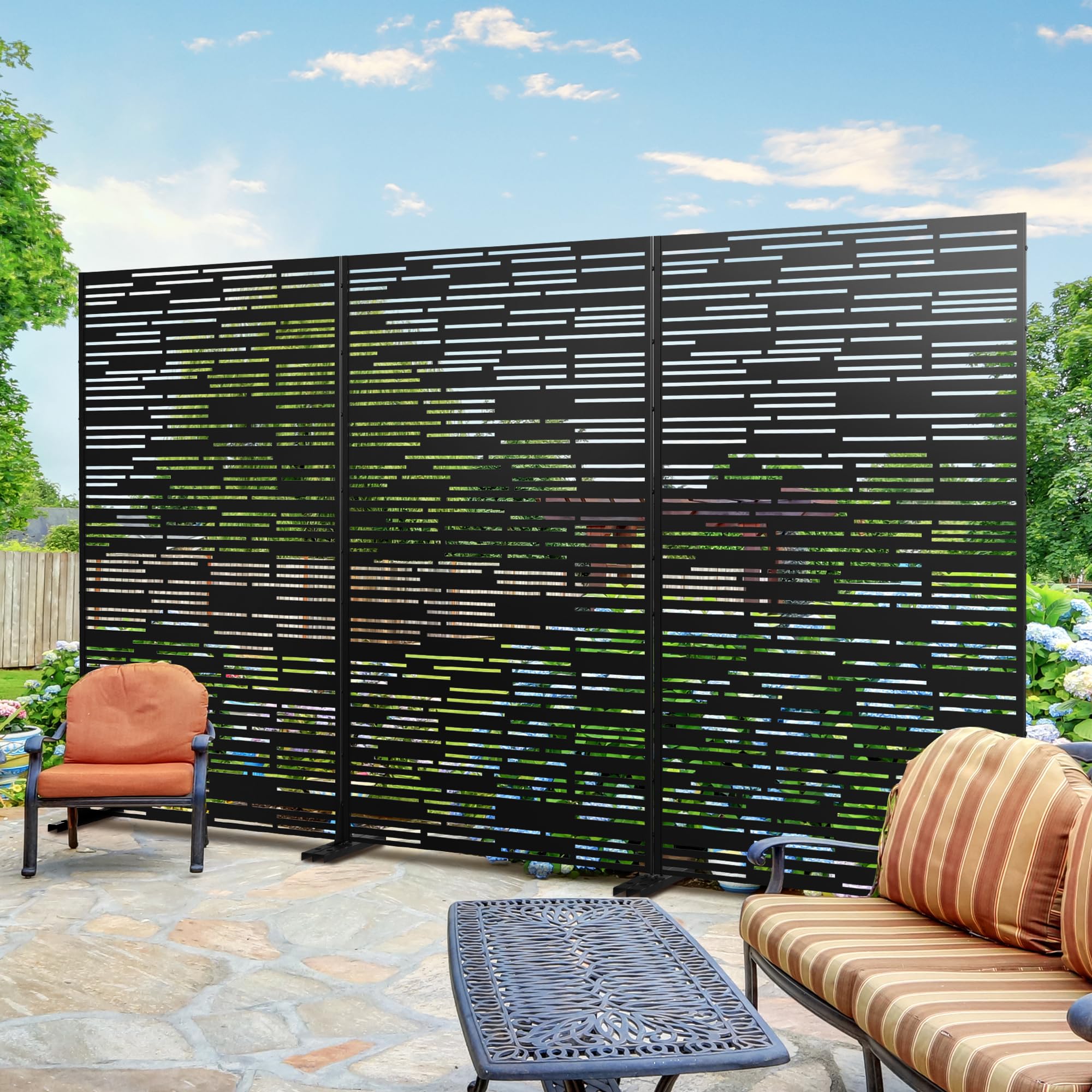Elevens Metal Outdoor Privacy Screen, Freestanding Outdoor Divider Decorative Privacy Fence Screen,Outdoor Decorative Privacy Screens & Panels, 72" H×47" W (Black-Lines)