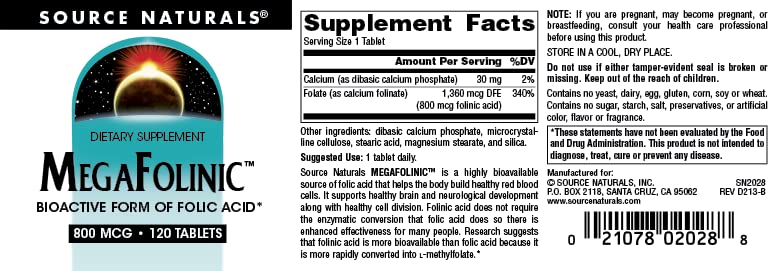 Source Naturals MegaFolinic, Bioactive Form of Folic Acid, 800 mcg - 120 Tablets