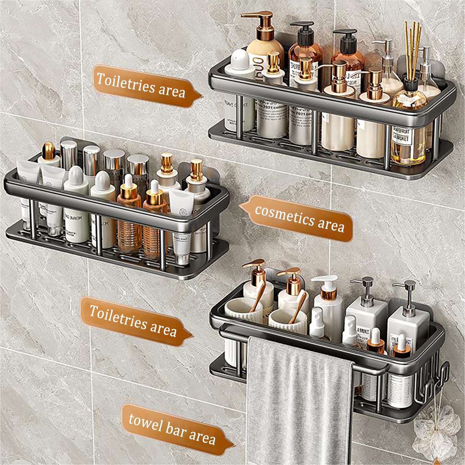 EVALAND Aluminum Shower Caddy, Adhesive Shower Shelves, 2-Pack With Hooks and Rod for Towels, No Drill Wall Mount Rustproof Premium Organizer for Bathroom, Kitchen, Black