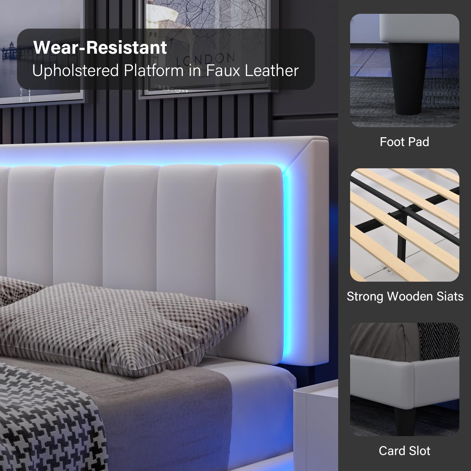 Catrimown King Size Bed Frame with LED Lights, Upholstered Bed Frame King with Faux Leather Headboard, Wood Slat Support, No Box Spring Needed, Easy Assembly, Black
