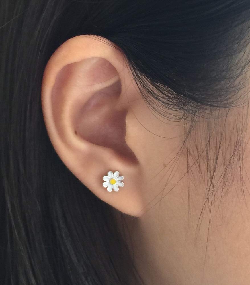 CZ Bee Daisy Flower Asymmetric Sterling Silver Tiny Small Stud Earrings for Women Cartilage Tragus Sensitive Ear Fashion Animal Cute Mini Piercing Post Hypoallergenic Gifts Daughter