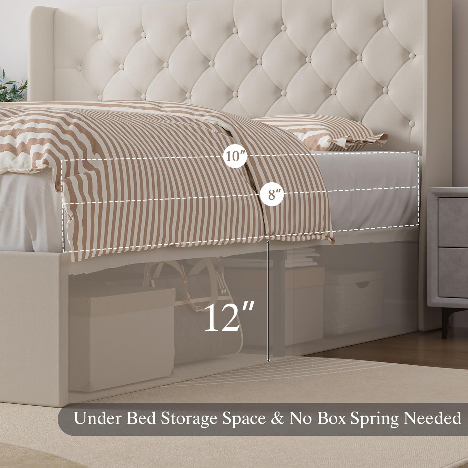 Catrimown Queen Size Lift Up Storage Bed, Upholstered Queen Bed Frame with Storage, Lift Up Storage Bed Queen with Wingback, Hydraulic Storage, Wood Slats Support, No Box Spring Needed