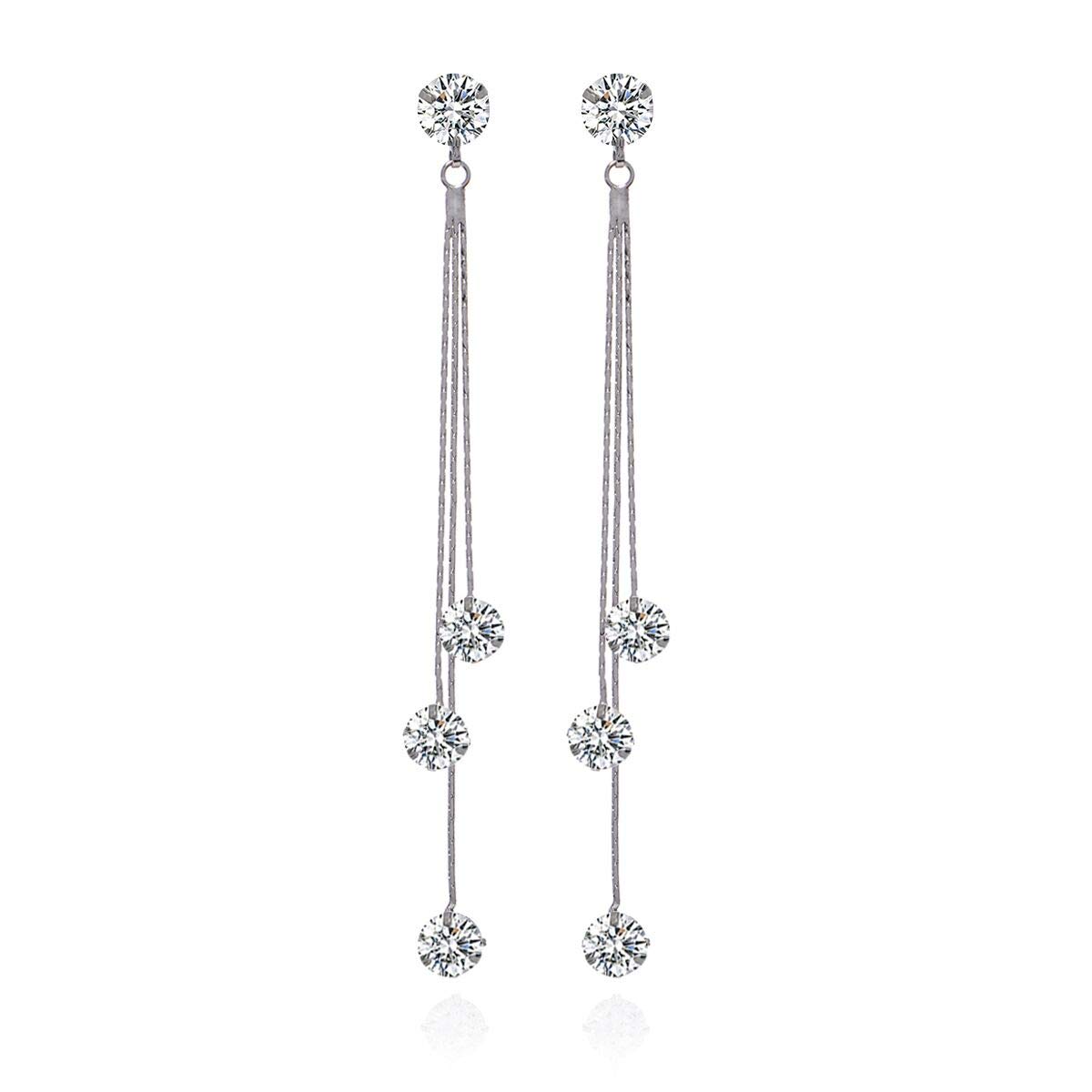 CZ Linear Earrings for Women Super Long Shoulder Earrings Sterling Silver Thread Earrings Crystal Cubic Zirconia Rhinestone Tassel Drops Bridal Chain Earring for Wedding Bride Bridesmaids Party
