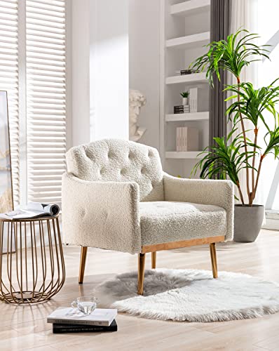 KINFFICT Modern Accent Chair, Upholstered Single Sofa Arm Chair for Living Room and Bedroom, Comfy Armchair with Solid Tapered Metal Legs, White