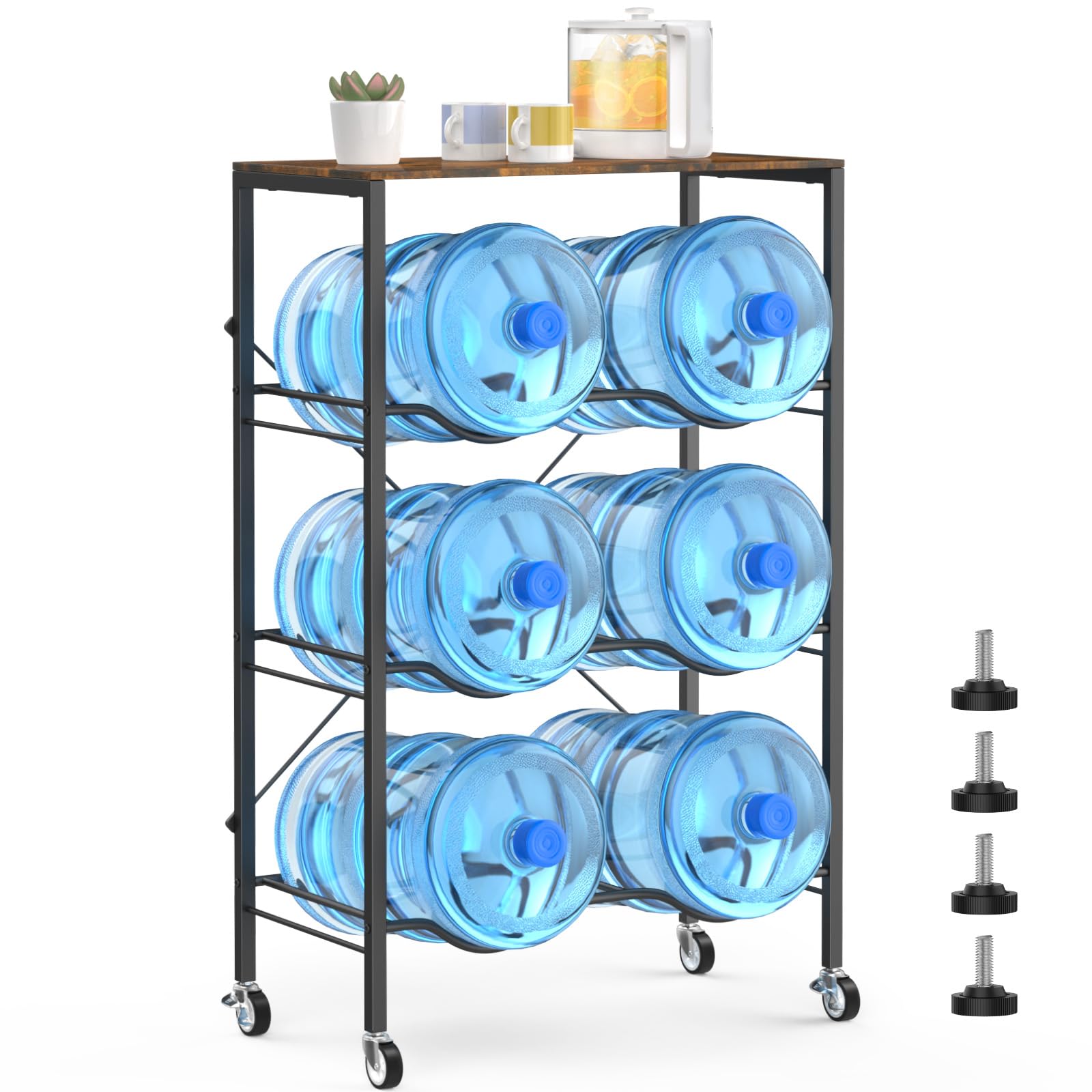 Housolution 3 Tier 5 Gallon Water Jug Holder 6-Tray Water Jug Rack with Top Shelf and 4 Wheels Heavy Duty Movable Water Jug Stand,5 Gallon Water Bottle Holder for Kitchen Office Living Room,Brown