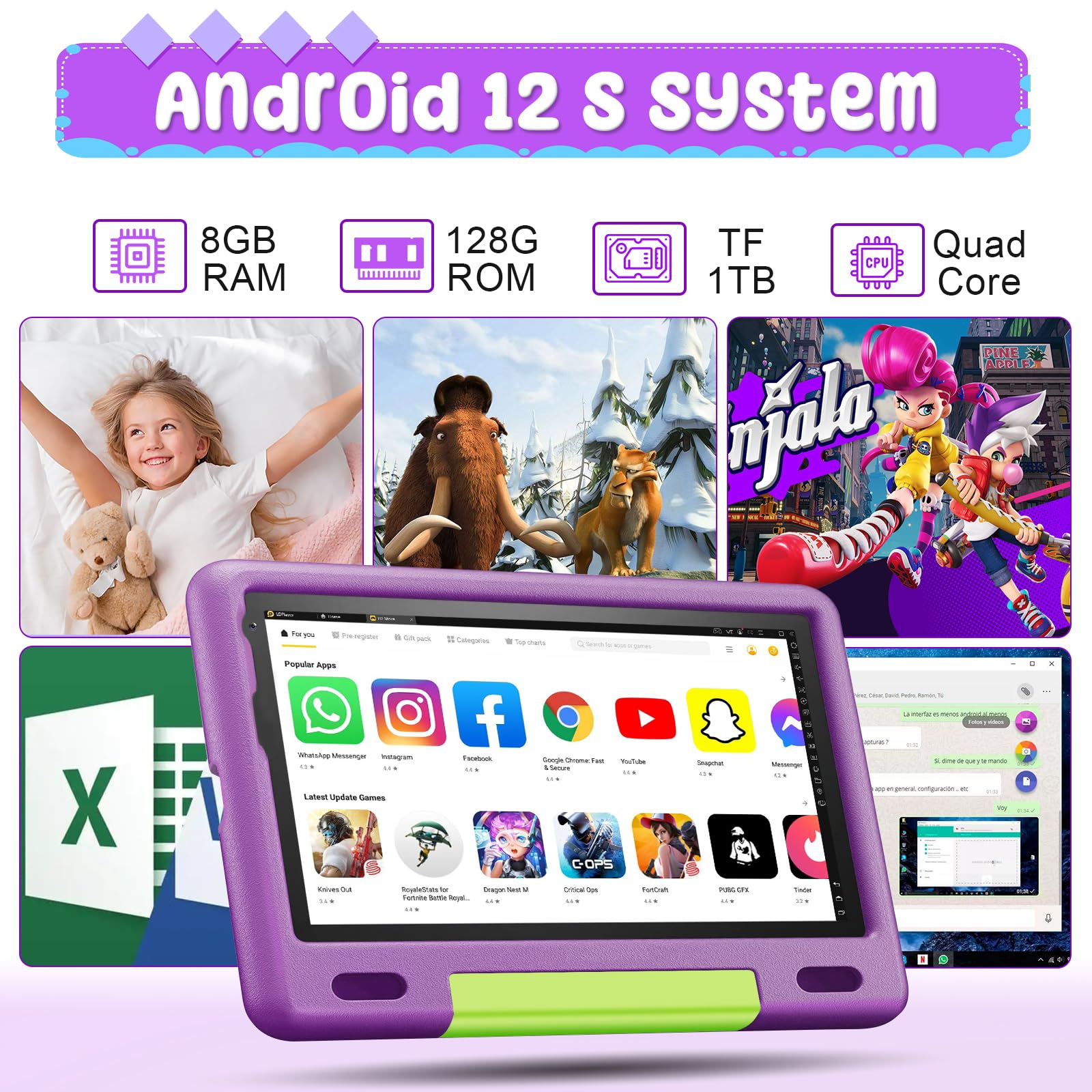 DUODUOGO 8 inch Kids Tablet Android 12 Tablet 8GB+128GB, Tablet for Kids with Parent Control & APP Preinstalled, Dual Camera, 5G/2.4G WiFi, Bluetooth, GPS, FM, Shock-Proof Case, Carry Bag (Purple)