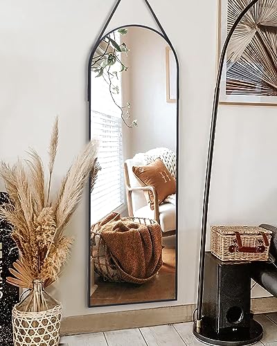 ITSRG Full Length Mirror, Arched Wall Mirror, Full Length Body Mirror, Wall Mounted Mirror with Hanging Leather Strap, Wall Mirror Full Length for Bathroom Living Room Entryway Decor(16"x48"Black)