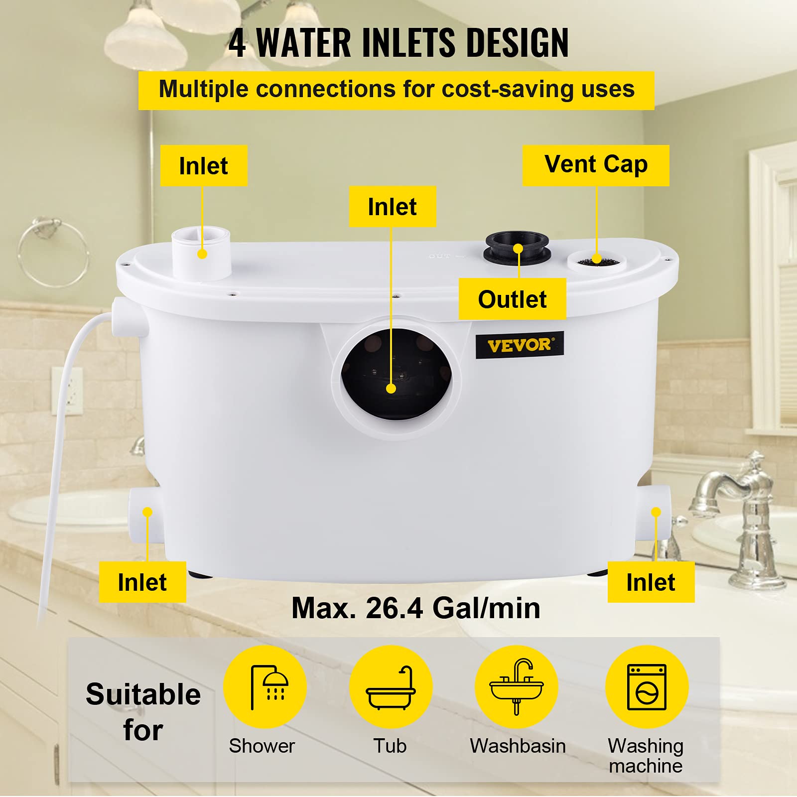 VEVOR Macerator Pump 400W, 4 Inlets for Basement, Kitchen, Toilet, Sink, Shower, Bathtub Waste Water Disposal Upflush Machine, Elevation up to 21ft, White