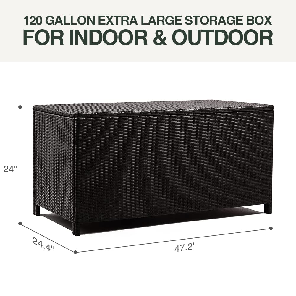 Dulce Domi 120 Gallon Deck Boxes Outdoor Storage Box Waterproof, Modern Resin Rattan Outdoor Wicker Storage Box, Robust Deck Box for Toys, Pool Accessories & Outdoor Tools Storage