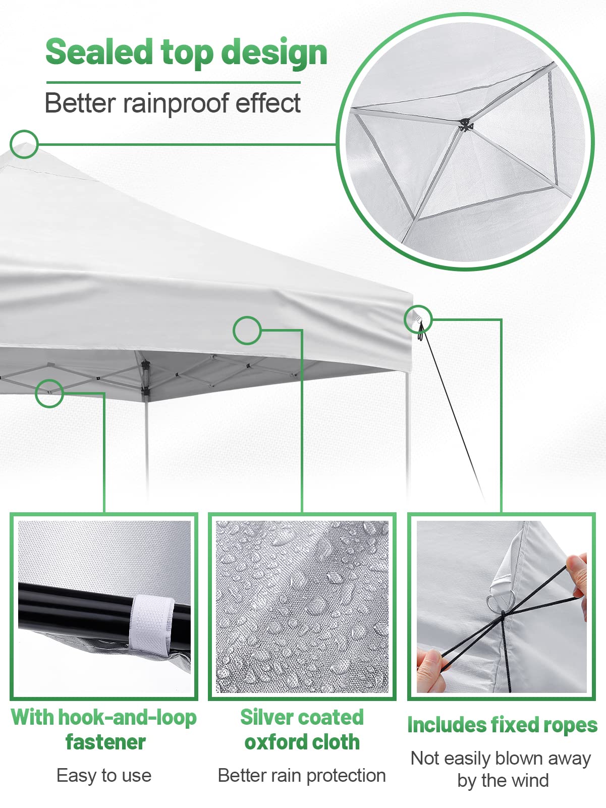 Canopy Replacement Top Cover for 9.5x9.5ft Pop Up Canopy, Tent Top Cloth with 4pcs 9.8 ft Fixed Ropes, Sun Waterproof Shade for Outdoor Garden Patio Picnic Camping - Grayish White
