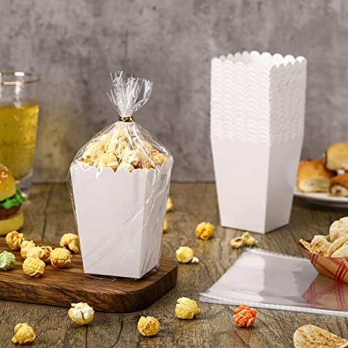 Mini White Popcorn Boxes and Clear Treat Bag Set- Bulk Open Top Paper Popcorn Containers with Treat Bags, Popcorn Candy Boxes for Movie Nights, Party Supplies, 3 x 4 inch (200 Pcs)