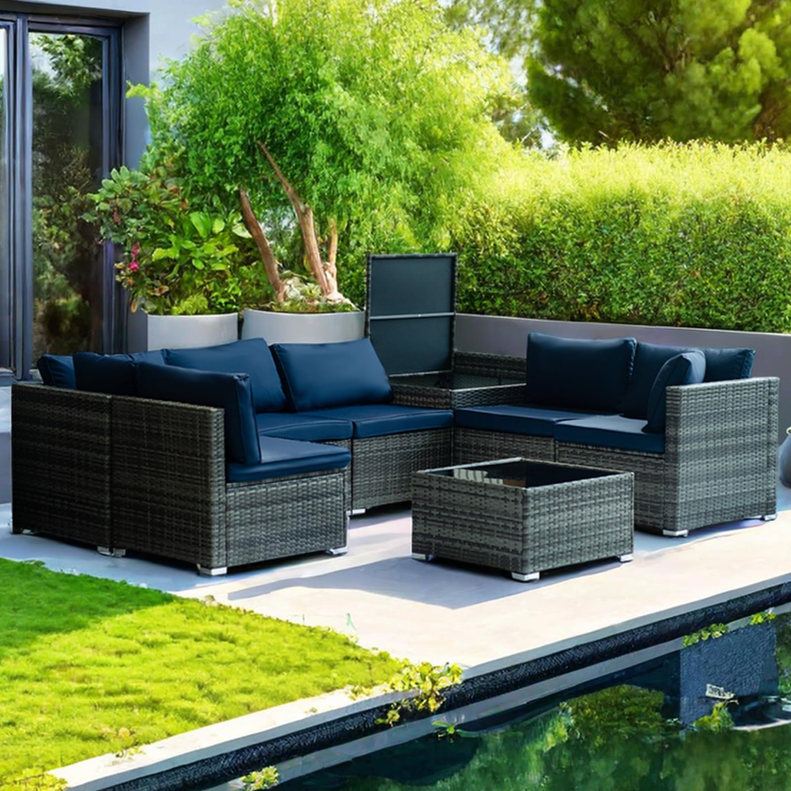 Generic 8 Pieces Outdoor Wicker Rattan Patio Furniture Sectional Set, Modular Sofa Sections with Cushions, PE Rattan Wicker Conversation Sets with Glass Top Coffee Table & Hidden Storage (Gray-Blue)