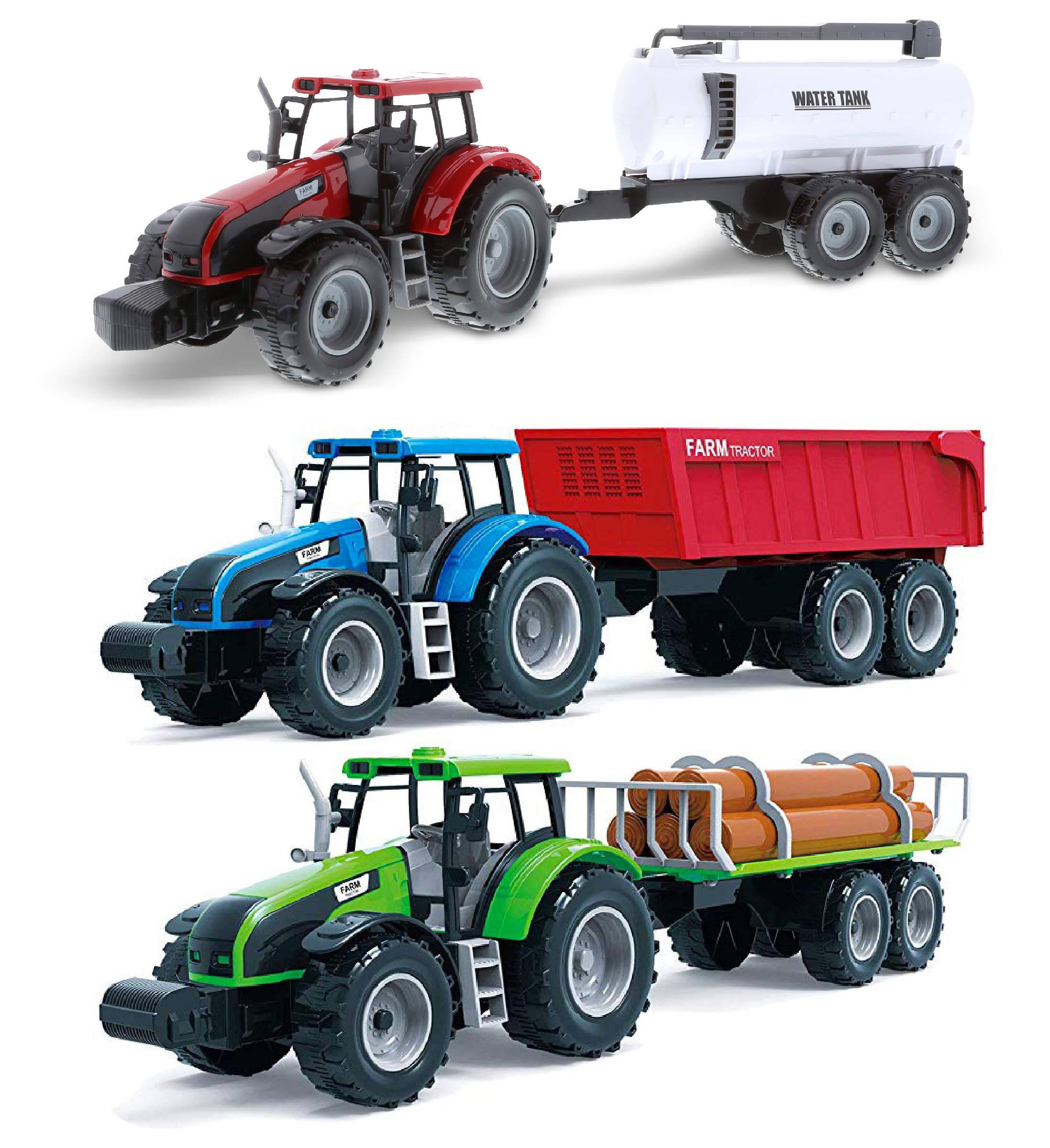 Mozlly Friction Powered Farm Tractor Trailer Toy Set - 16-inch Tractor Trailer Toys for Boys and Girls, Red Water Tank, Blue Farm Tractor, and Green Log Truck Toy, Farming Tractors Playset (3 Sets)